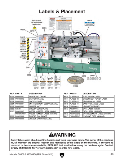 Parts for G0509G 16" x 40" 3-Phase Gunsmithing Metal Lathe - Grizzly ...