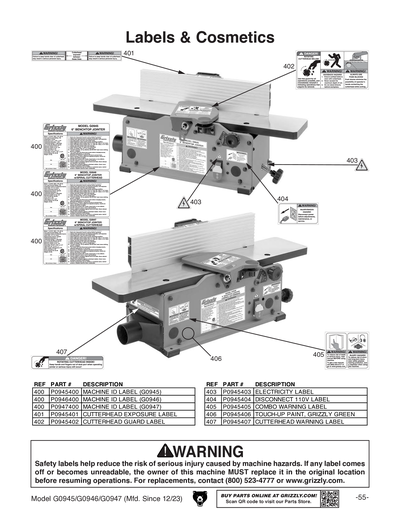 Parts for G0946 6" Benchtop Jointer with Spiral-Type Cutterhead ...